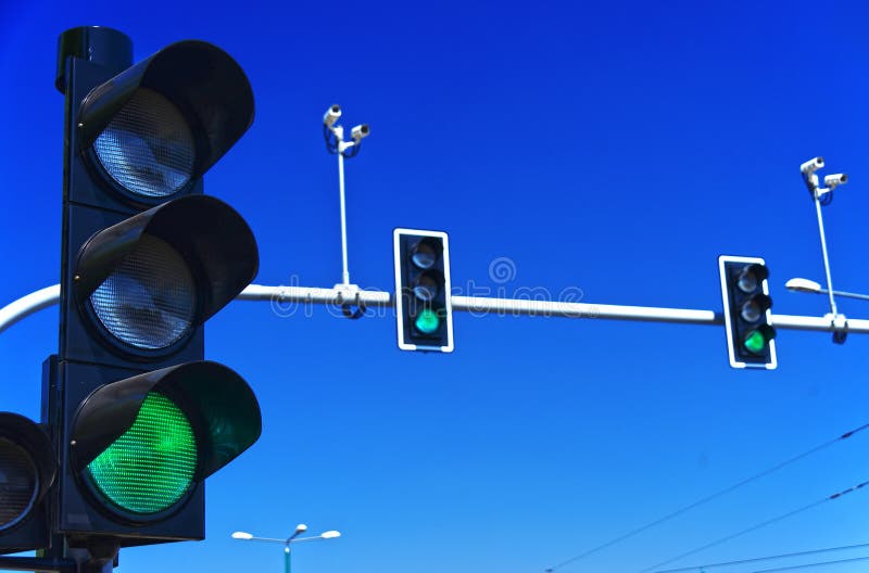 Traffic Lights Over Blue Sky. Stock Image - Image of travel, regulate ...