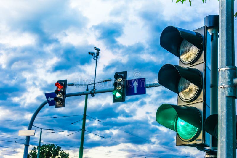 Traffic Lights Over Urban Intersection Stock Photo - Image of semaphore ...