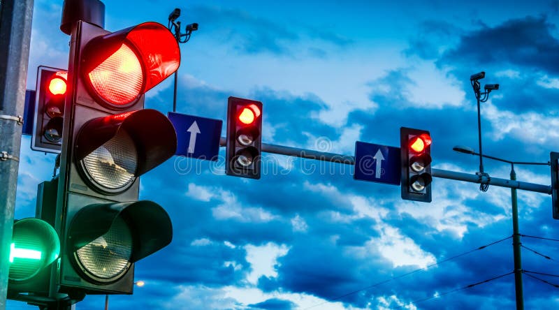 Traffic Lights Over Urban Intersection Stock Image - Image of lights ...