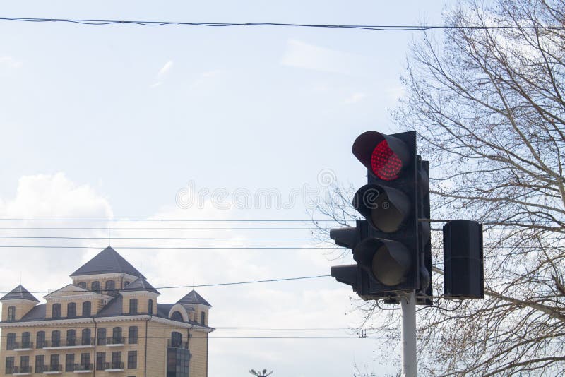 Traffic Lights Over Urban Intersection. Red Light Stock Image - Image ...