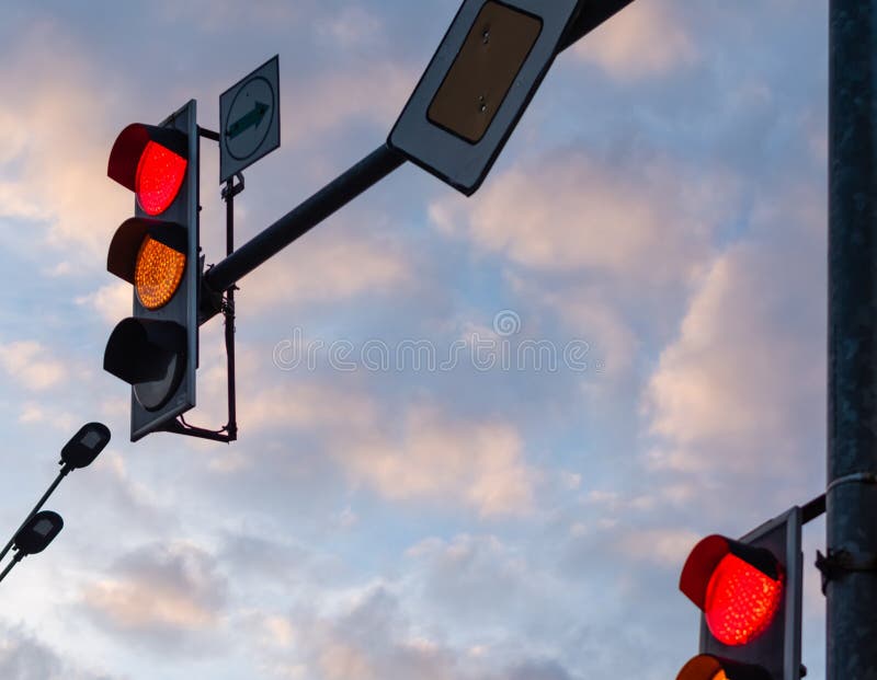 Traffic Lights with Yellow Color Background of Clouds Stock Photo ...