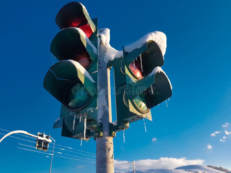 Traffic Lights Snow Icered Blue Sky Stock Image - Image of caution ...
