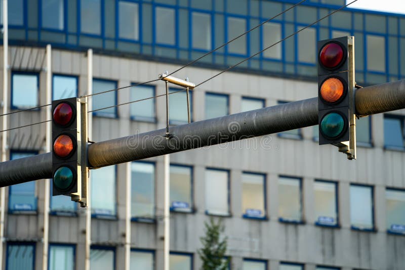 Traffic Lights with Yellow Light on Horizontal Pole Stock Image - Image ...