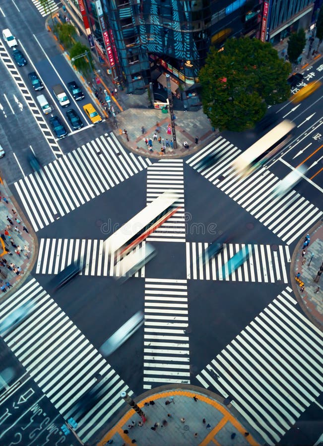 Traffic and People Cross a Busy Intersection in Ginza Stock Image ...