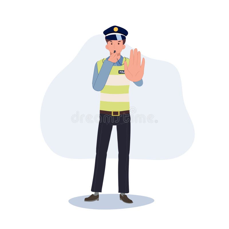 A Traffic Police Blowing Whistle and Gesturing Hand As Stop . Flat ... A Traffic Police Blowing Whistle and Gesturing Hand As Stop . Flat ...