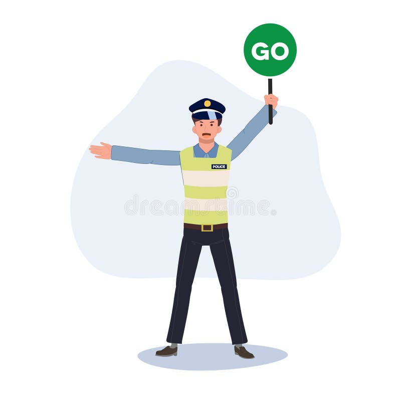 A Traffic Police Holding Traffic Holding GO Sign. Flat Vector Cartoon ... A Traffic Police Holding Traffic Holding GO Sign. Flat Vector Cartoon ...