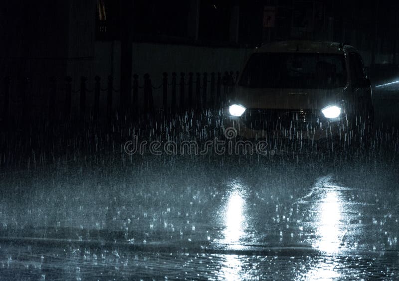 Rainy Night in the City Street at Night. View through Glass Window ...