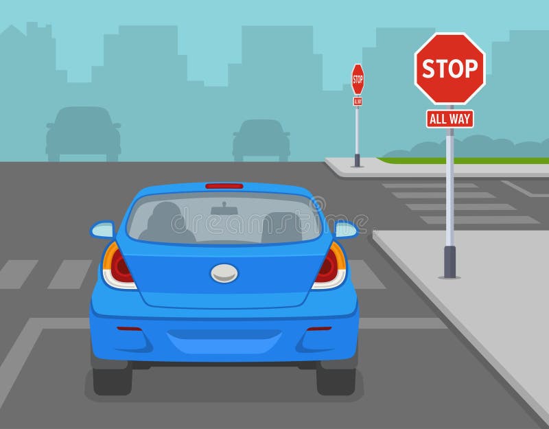 Traffic Regulation Rules Back View Of A Car Stopped At Stop All Way