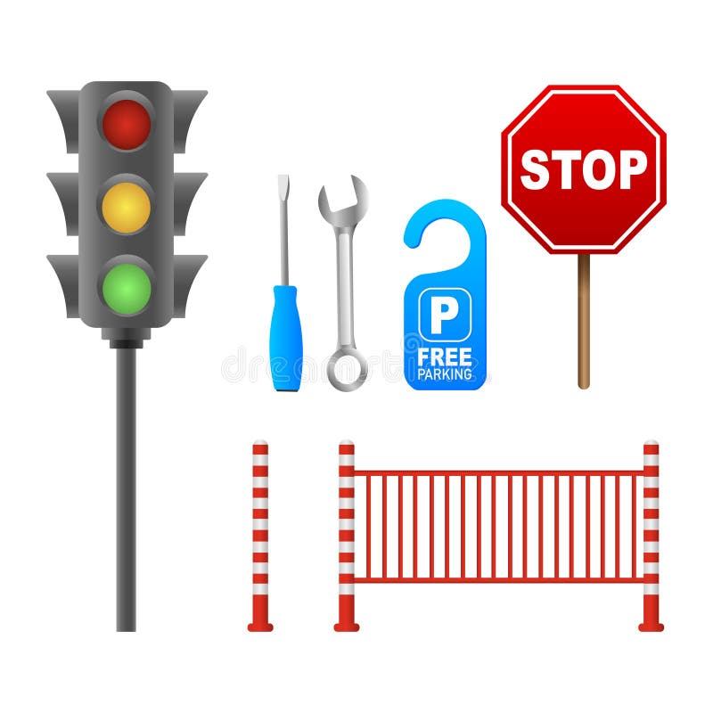 Traffic and Road Signs with Tools Vector Set. Stock Vector ...