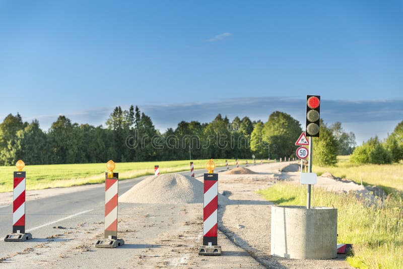 Traffic Safety Roadwork Signs and Light on Highway Stock Image - Image ...