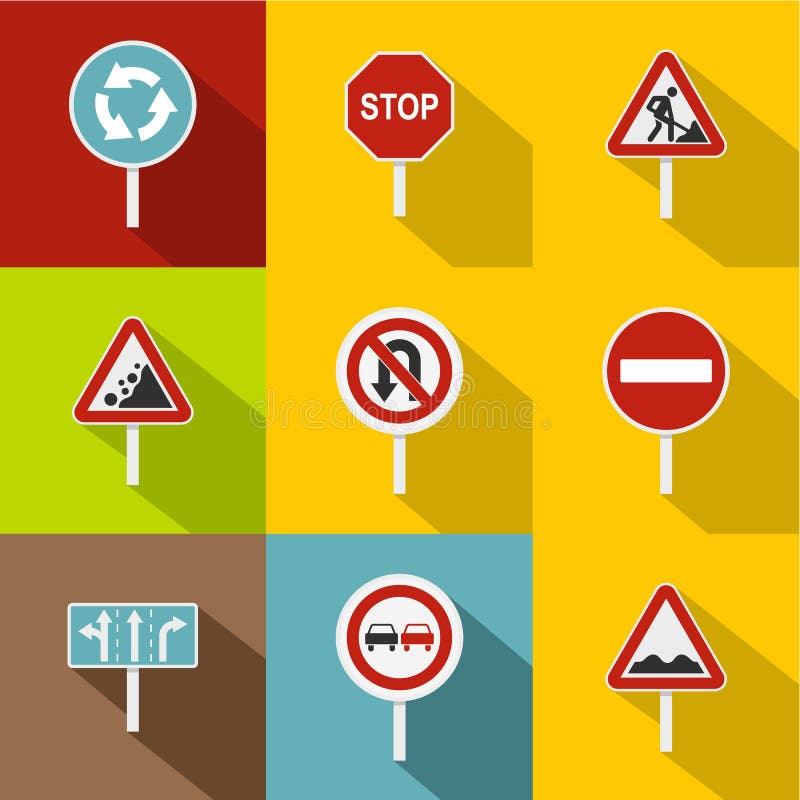 Traffic Sign Icons Set, Flat Style Stock Vector - Illustration of ...