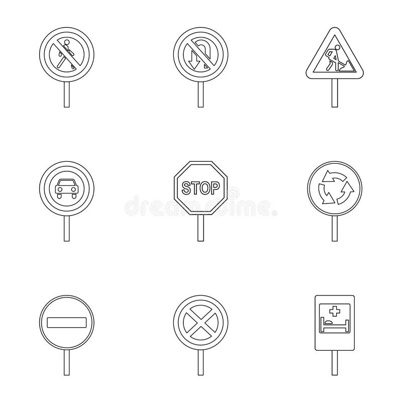 Traffic Sign Icons Set, Outline Style Stock Vector - Illustration of ...
