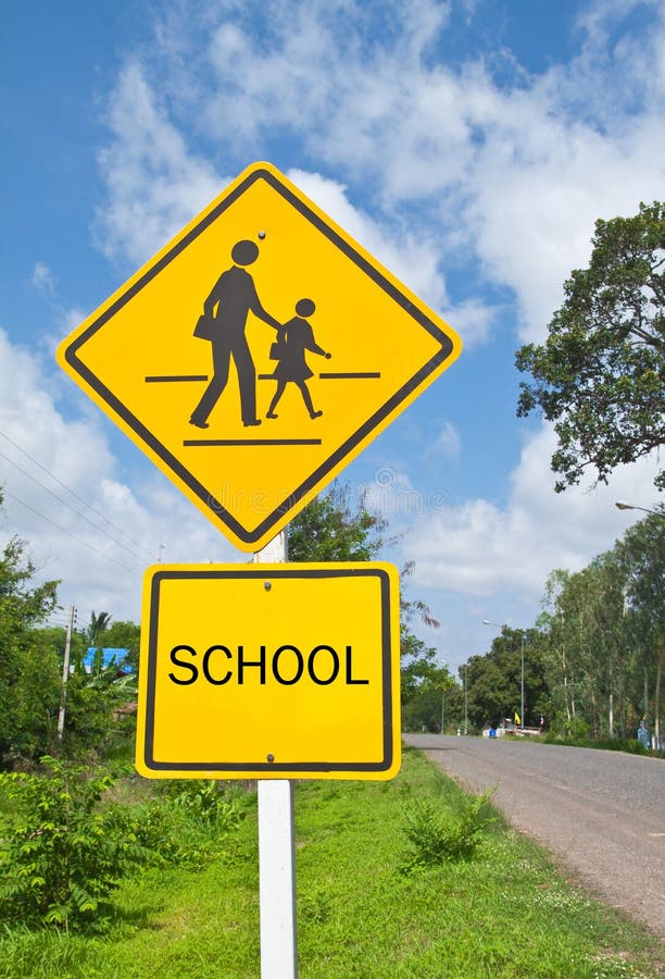 Traffic Sign (School Warning Sign) and Blue Sky. Stock Photo - Image of ...