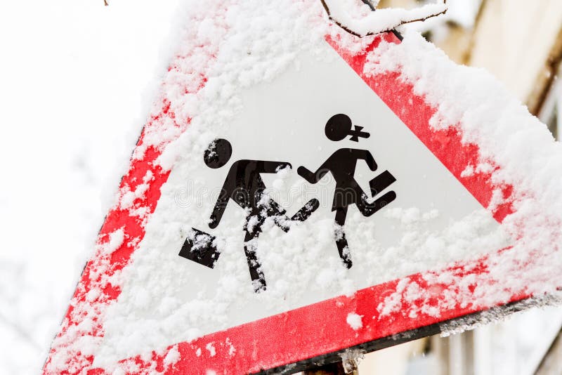 Traffic Sign after a Snowstorm Stock Image - Image of silhouette ...
