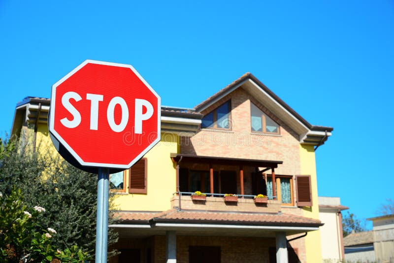 Traffic Sign STOP Near House on Sunny Day Stock Photo - Image of route ...