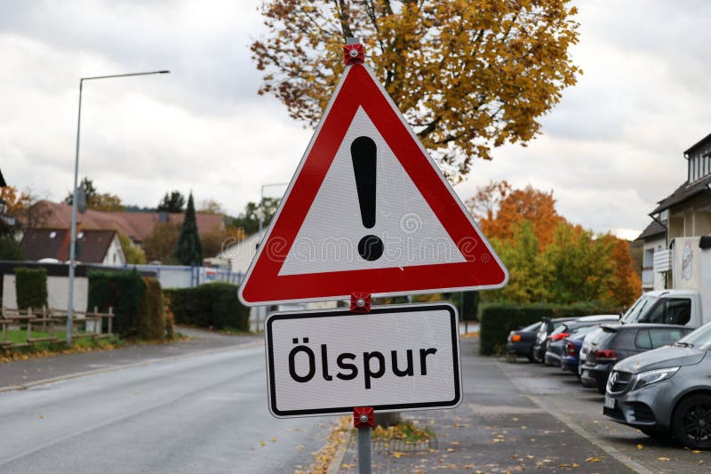 Traffic Sign - Warning Danger Zone with Additional Sign: Oil Slick ...