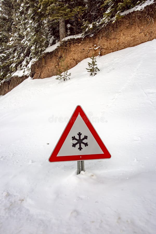 Traffic Sign Warns of Snow and Ice at Road Stock Image - Image of ...