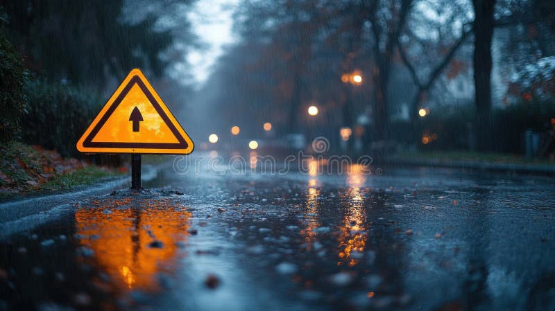 Traffic Sign on Wet Road at Night with Rain and Lights Stock ...