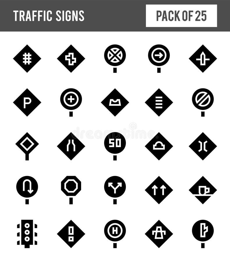 25 Traffic Signs Glyph Icon Pack. Vector Illustration Stock Vector ...