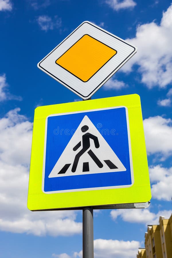 Traffic Signs Main Road and Pedestrian Crossing Stock Photo - Image of ...