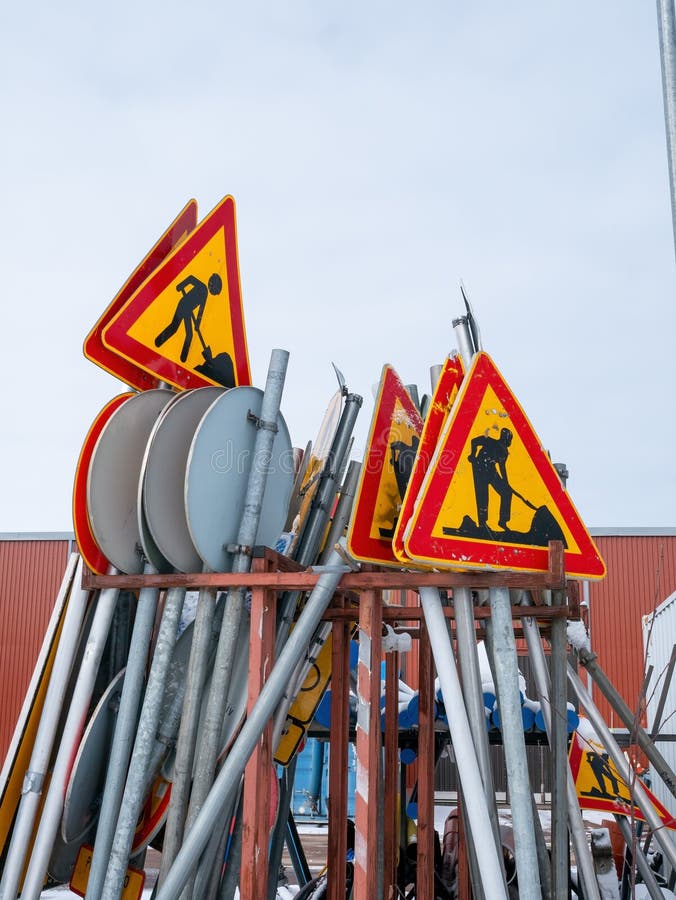 Traffic Signs on an Outdoor Storage Area Stock Image - Image of caution ...