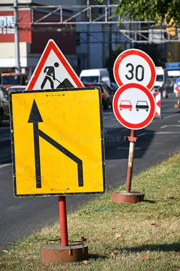 Traffic Signs at the Road Construction Stock Image - Image of cross ...