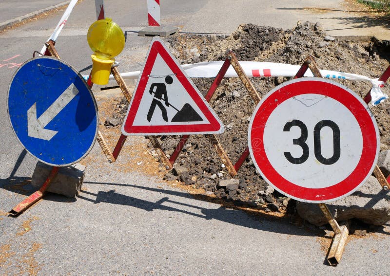 Traffic Signs at the Road Construction Stock Photo - Image of arrow ...