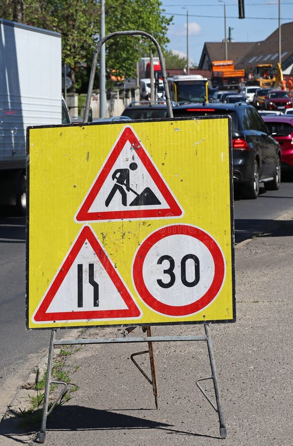 Traffic Signs at the Road Construction Site Stock Photo - Image of ...