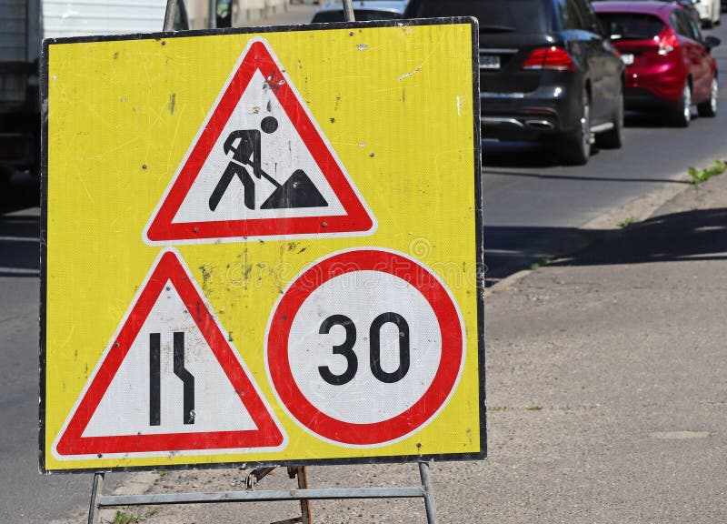 Traffic Signs at the Road Construction Stock Photo - Image of arrow ...