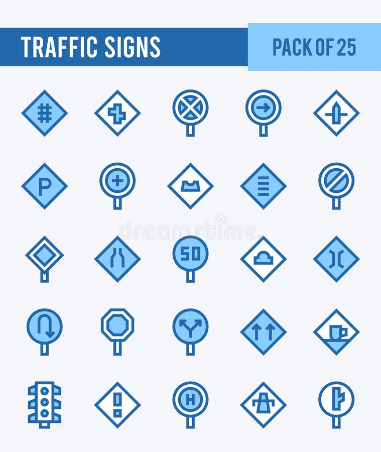 25 Traffic Signs. Two Color Icons Pack. Vector Illustration Stock ...