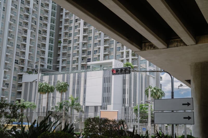 Traffic Signs Under Overpasses in Cities with High-rise Buildings Stock ...