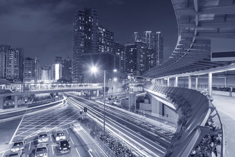 Traffic and Skyline of Downtown of Hong Kong City at Night Stock Image ...