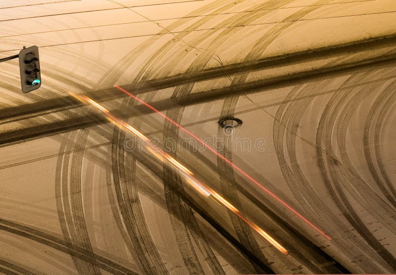 Traffic at Snowy Intersection Stock Image - Image of intersection, snow ...
