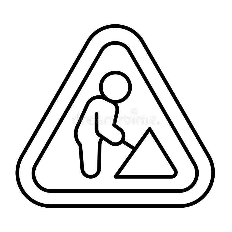 Traffic Triangle with Man and Shovel Thin Line Icon, Making Road ...