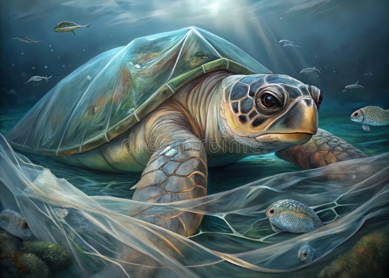 Tragic Impact of Plastic Pollution a Sea Turtle Entangled in a Plastic Bag Underscoring the ...