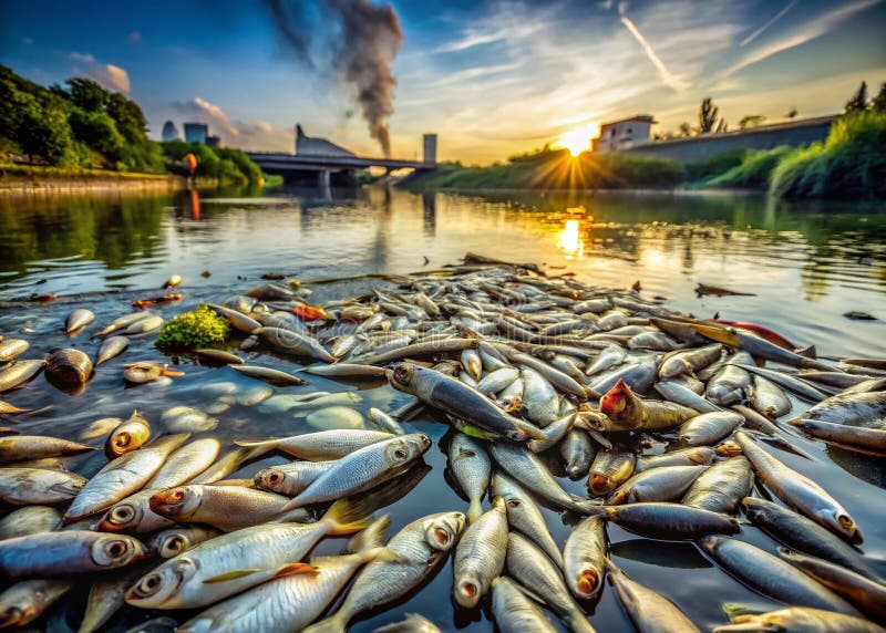 Tragic Impact of River Pollution Dead Fish Litter a Polluted Waterway ...