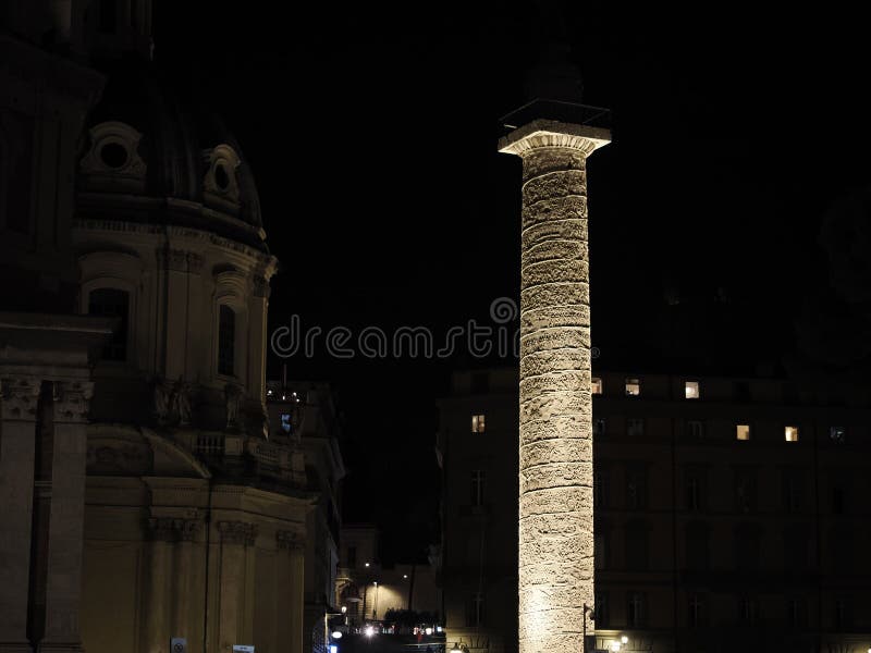 Traian Column Fori Imperiali Rome View at Night Stock Image - Image of ...