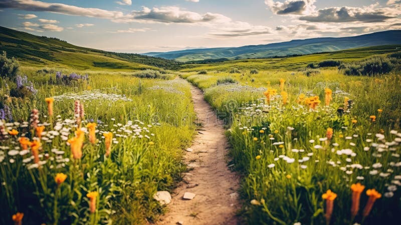 A Trail through a Field of Wildflowers. Generative AI Stock Photo ...