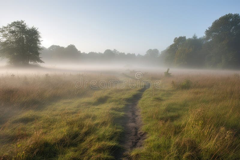 Trail of Footprints Leading through Meadow, with Mist Rising Up from ...