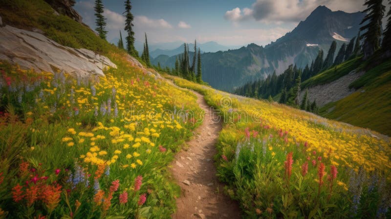 Trail Leading Onto Mountains with Flowering Meadows. Generative AI ...