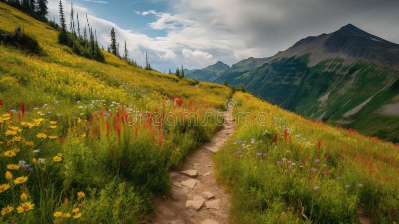 Trail Leading Onto Mountains with Flowering Meadows. Generative AI ...