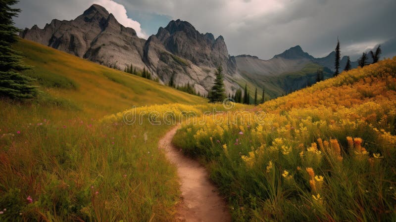 Trail Leading Onto Mountains with Flowering Meadows. Generative AI ...