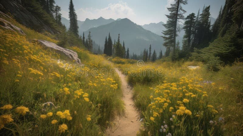 Trail Leading Onto Mountains with Flowering Meadows. Generative AI ...
