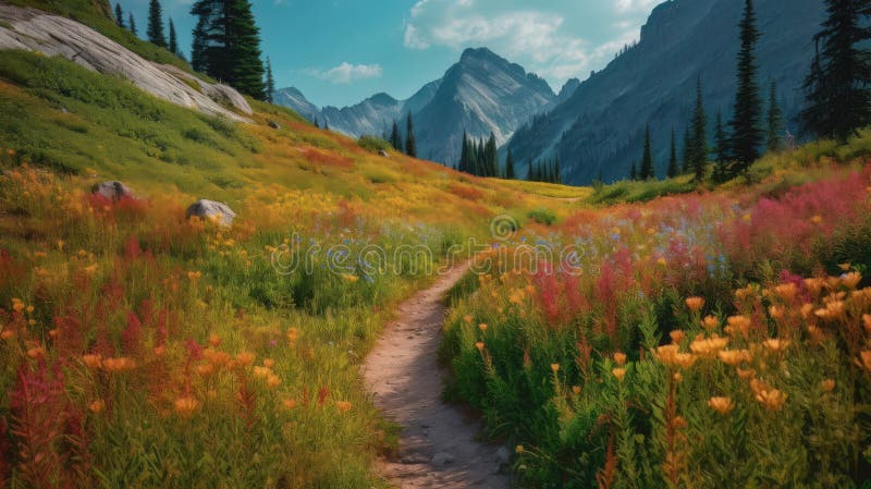 Trail Leading Onto Mountains with Flowering Meadows. Generative AI ...
