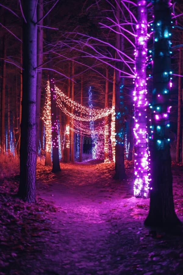 Trail Lit by String Lights Winding through Enchanted Forest at Night ...