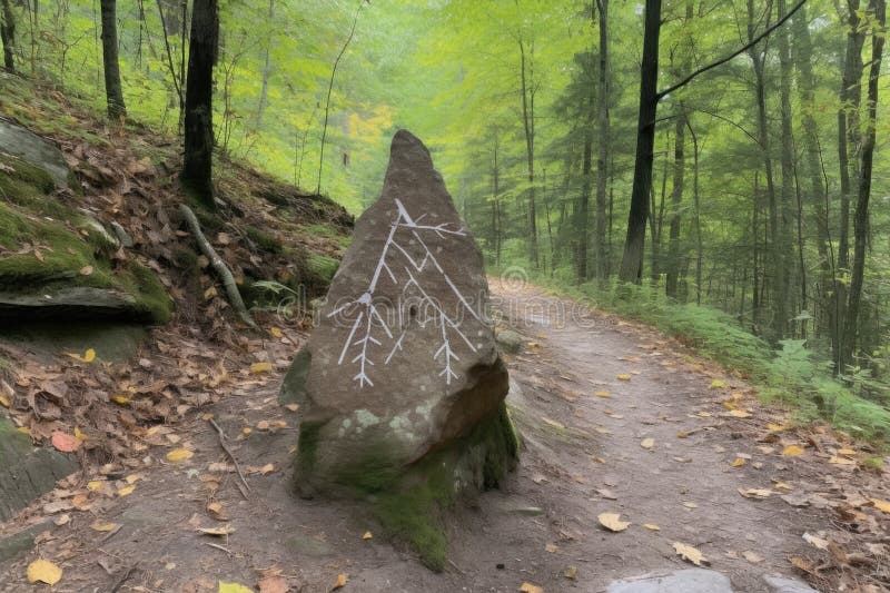 Trail Marker in the Shape of a Rock with Arrows Pointing Each Way Stock ...