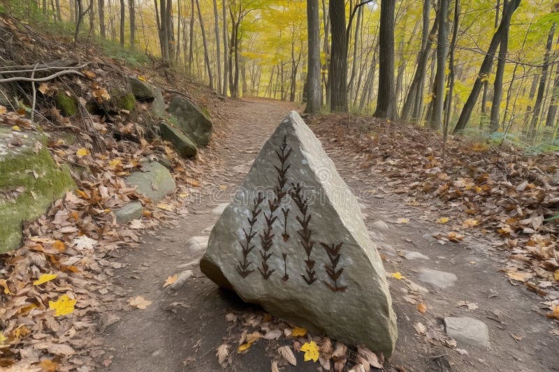 Trail Marker in the Shape of a Rock with Arrows Pointing Each Way Stock ...