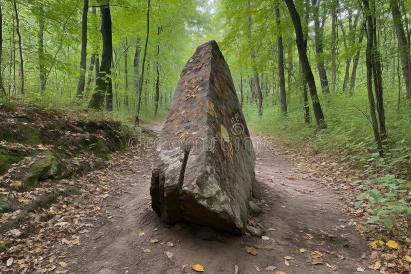 Trail Marker in the Shape of a Rock with Arrows Pointing Each Way Stock ...