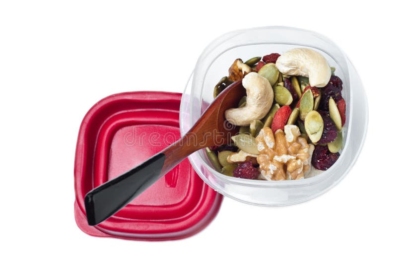 Trail Mix Container with Spoon on White Stock Photo - Image of cashew ...