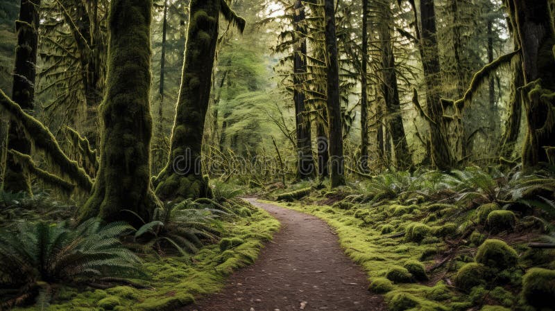 A Trail through a Mossy Forest with Towering Trees. Generative AI Stock ...